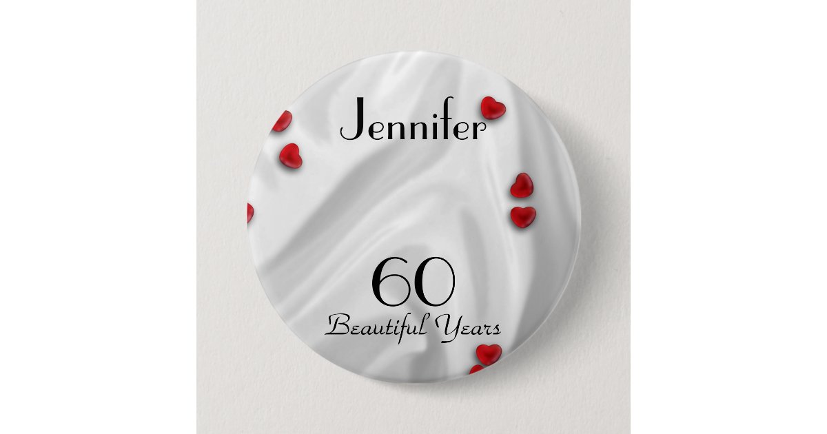 60th Birthday Button / Pin, Small Red Hearts | Zazzle