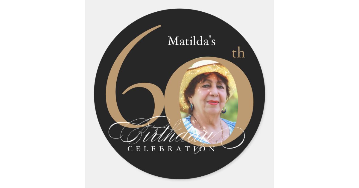 60th Birthday Calligraphy Gold Black Elegant Photo Classic Round ...