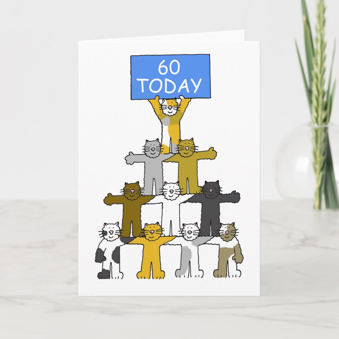60th Birthday Cartoon Cats Holding a Banner Card | Zazzle