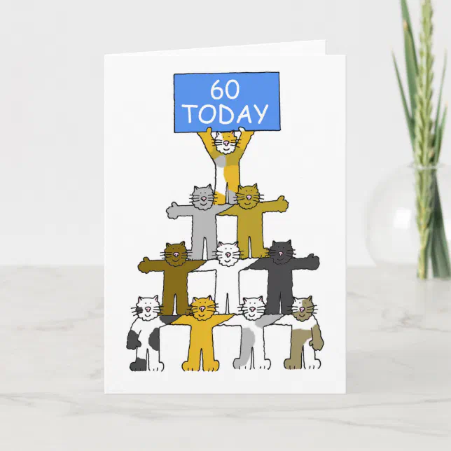 60th Birthday Cartoon Cats Holding a Banner Card | Zazzle
