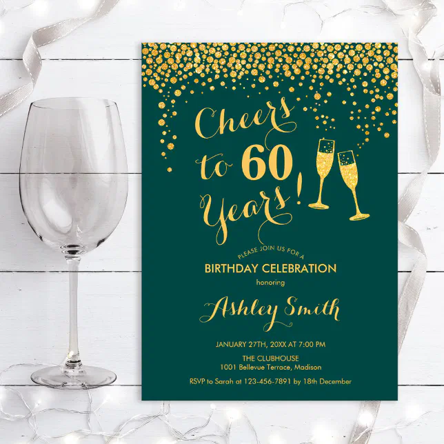 60th Birthday - Cheers To 60 Years Emerald Green Invitation | Zazzle