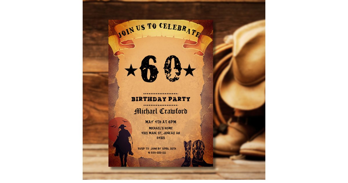 60th birthday cowboy old paper horse riding party invitation | Zazzle