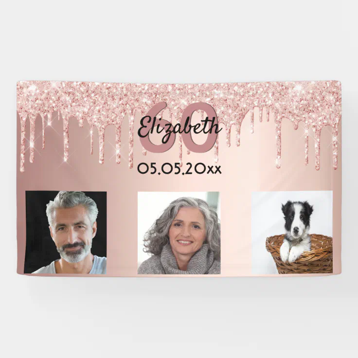 60th birthday custom photo rose gold pink glitter banner | Zazzle