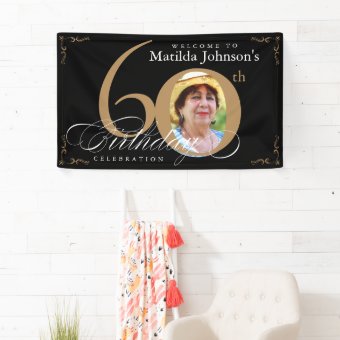 60th Birthday Elegant Black Gold Calligraphy Photo Banner | Zazzle