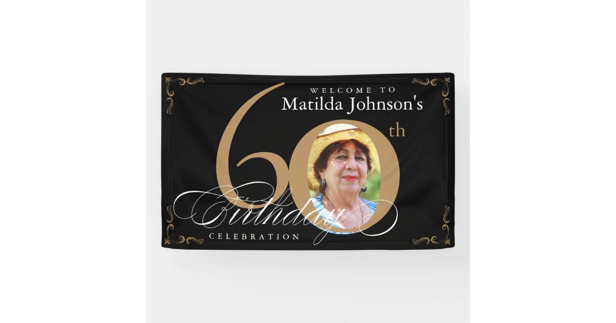 60th Birthday Elegant Black Gold Calligraphy Photo Banner | Zazzle