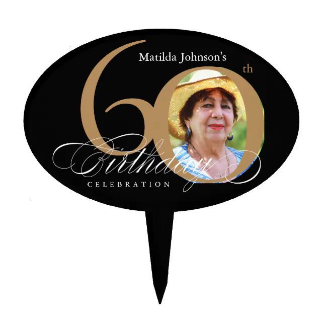60th Birthday Elegant Black Gold Calligraphy Photo Cake Topper | Zazzle