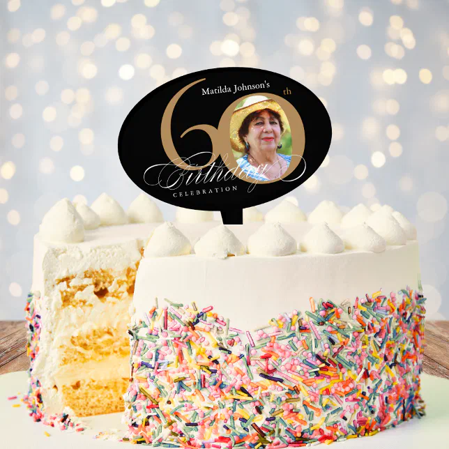 60th Birthday Elegant Black Gold Calligraphy Photo Cake Topper | Zazzle