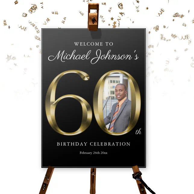 60th Birthday Elegant Black Gold Text Custom Photo Foam Board | Zazzle