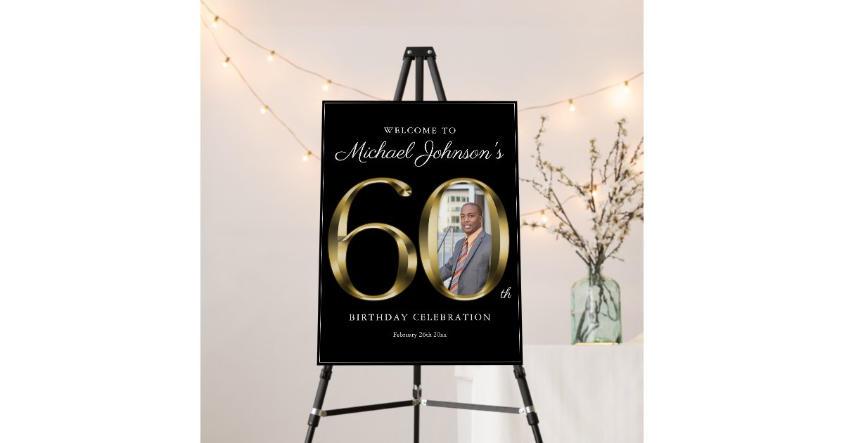 60th Birthday Elegant Black Gold Text Custom Photo Foam Board | Zazzle