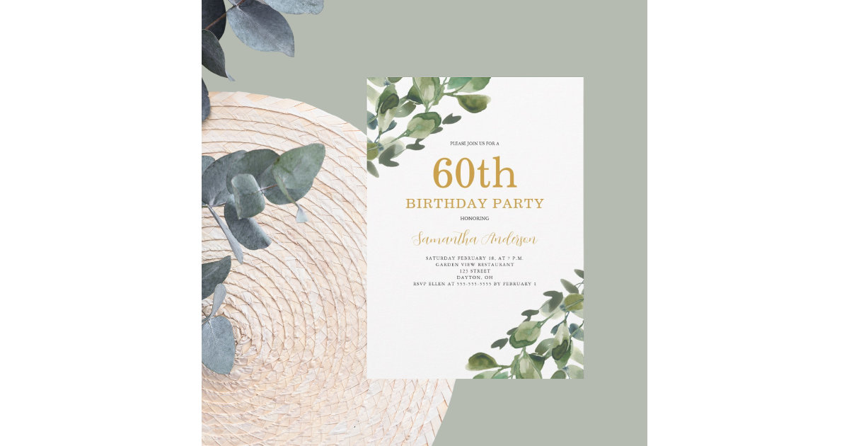 60th Birthday Eucalyptus Gold Script Invitation | Zazzle