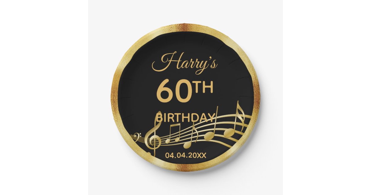 60th birthday gold music notes on chic black paper plate | Zazzle.com