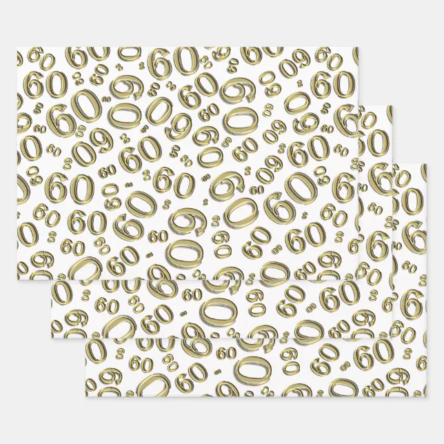 60th Birthday Gold/White Random Number Pattern 60 Wrapping Paper Sheets ...