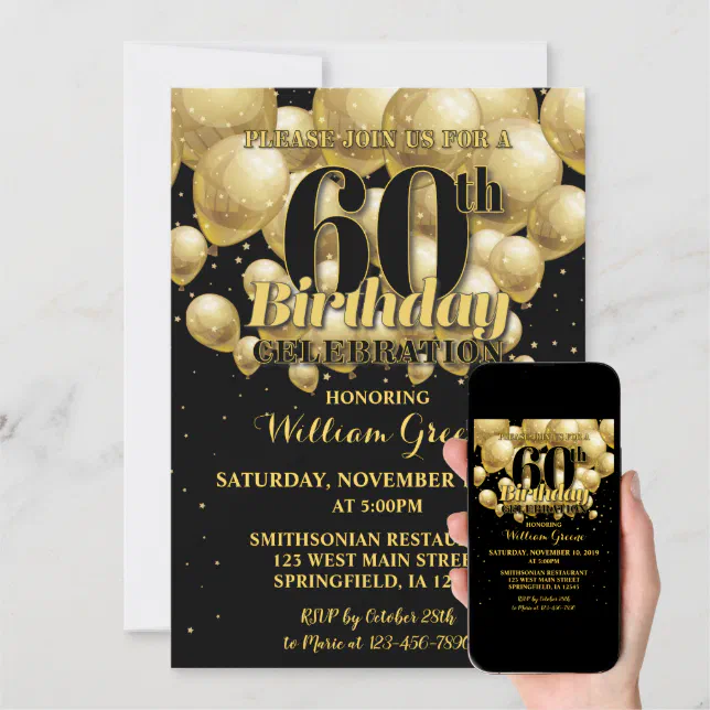 60th Birthday Invitation, Golden Birthday Invite | Zazzle