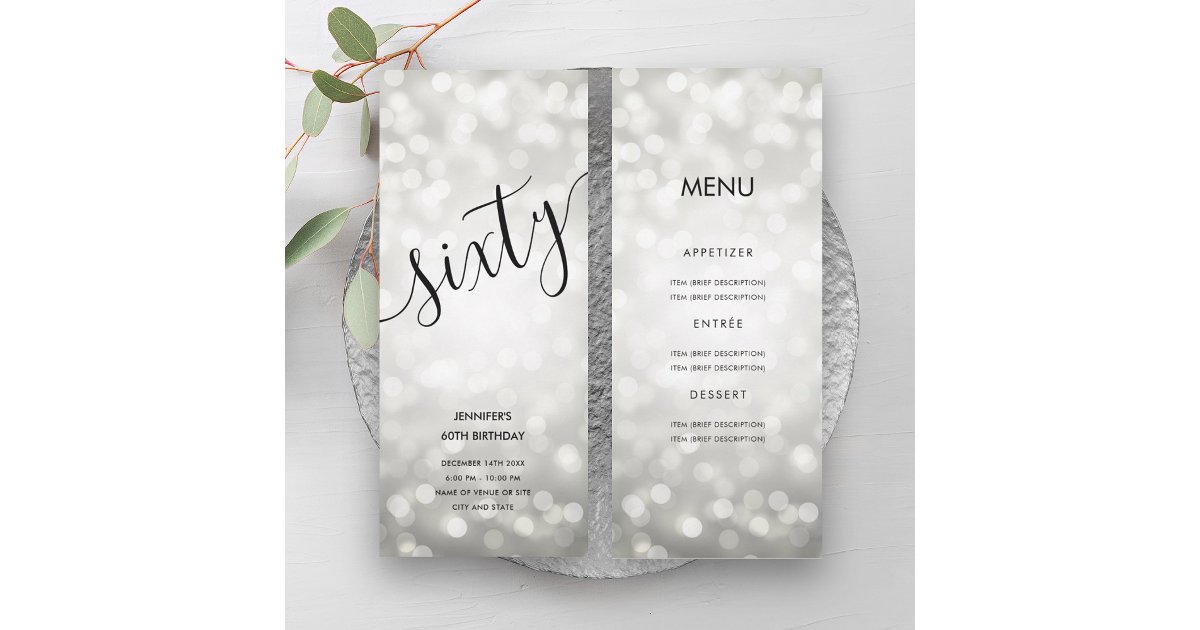60th Birthday Menu Silver Glitter Lights Invitation | Zazzle