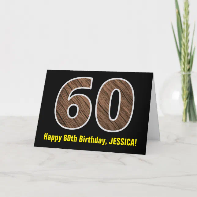 60th Birthday: Name + Faux Wood Grain Pattern "60" Card | Zazzle
