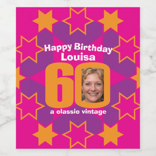 60th birthday name pink photo custom wine labels | Zazzle