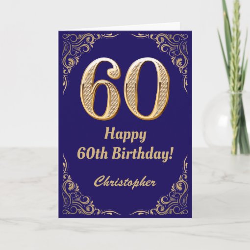 60th Birthday Navy Blue and Gold Glitter Frame Card | Zazzle