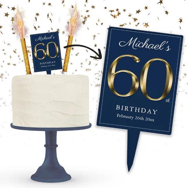 60th Birthday Navy Blue Gold Text Milestone Classy Cake Topper | Zazzle