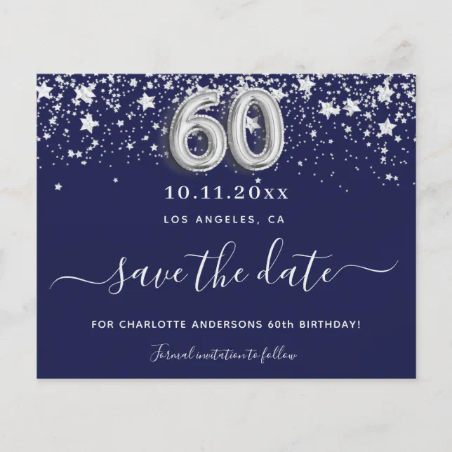 60th birthday navy blue silver save date budget flyer | Zazzle