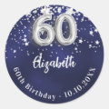 60th birthday navy blue silver stars classic round sticker | Zazzle