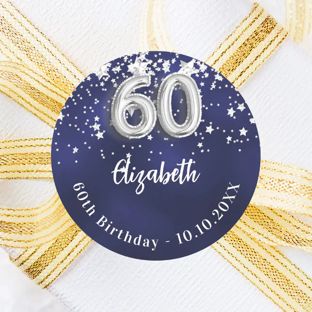 60th birthday navy blue silver stars classic round sticker | Zazzle