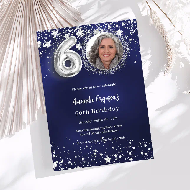 60th birthday navy blue silver stars photo luxury invitation | Zazzle