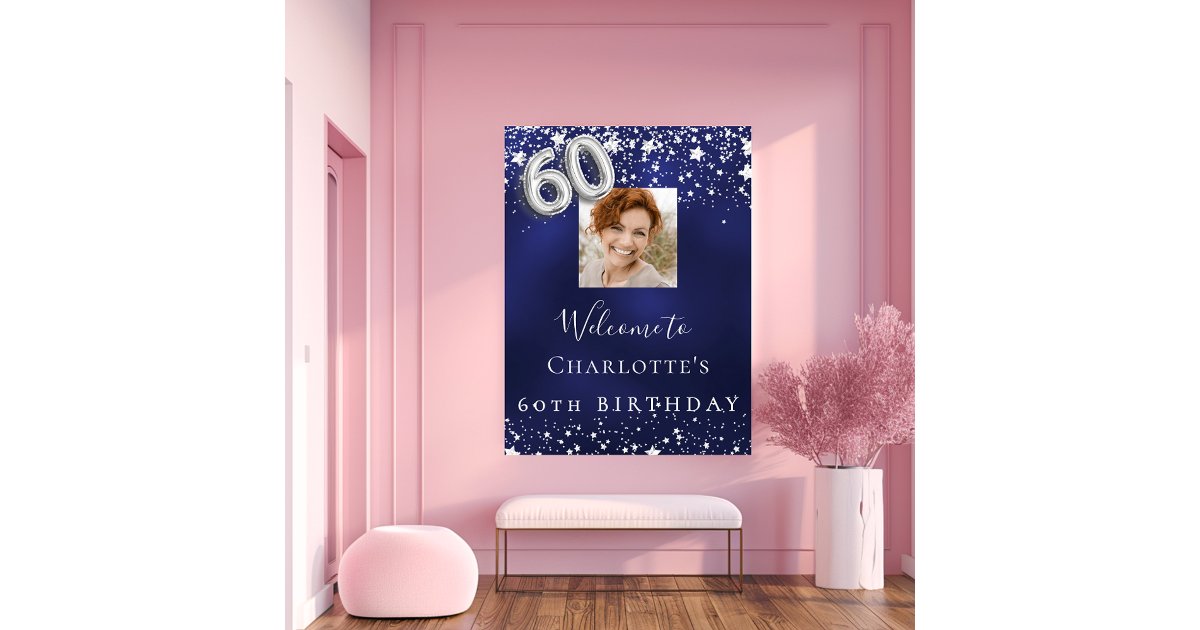60th birthday navy blue silver stars photo welcome poster | Zazzle