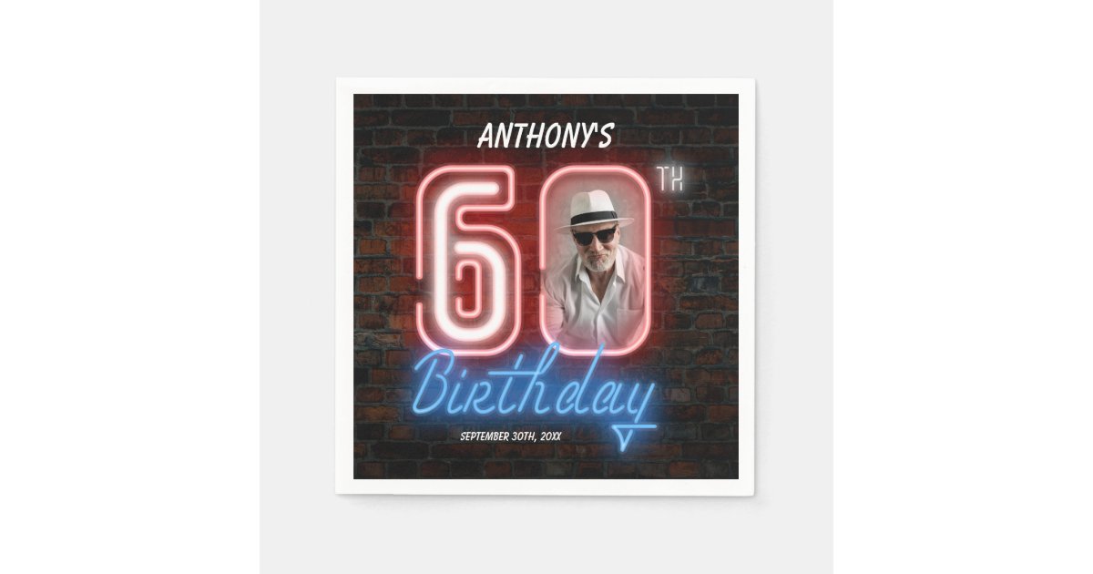 60th Birthday Neon 80s Retro Modern Custom Photo Napkins | Zazzle