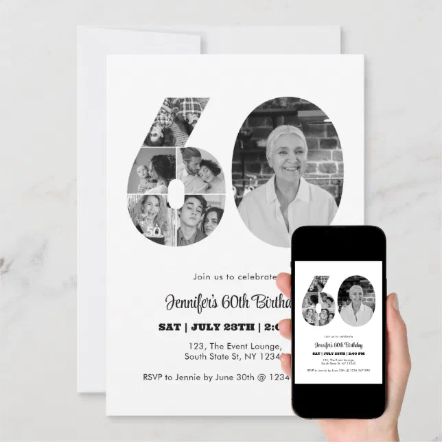 60th Birthday Number 60 Photo Collage Black White Invitation | Zazzle