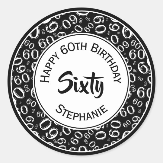 60th Birthday Number Pattern 60 Black and White Classic Round Sticker ...