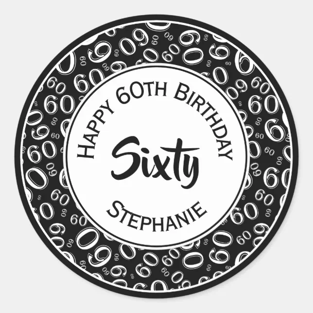 60th Birthday Number Pattern 60 Black and White Classic Round Sticker ...