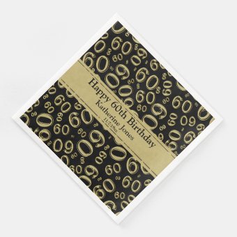 60th Birthday Number Pattern Gold and Black Paper Dinner Napkins | Zazzle