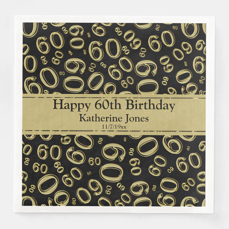 60th Birthday Number Pattern Gold and Black Paper Dinner Napkins | Zazzle