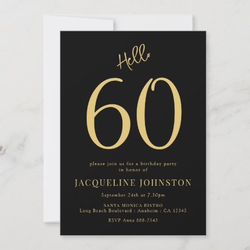 60th Birthday Party Black And Gold Hello 60 Invitation | Zazzle