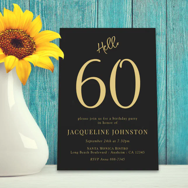 60th Birthday Party Black And Gold Hello 60 Invitation | Zazzle