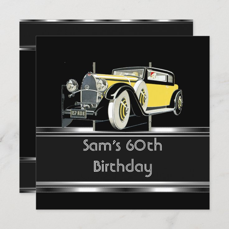 60th Birthday Party Black Vintage Car Mans Invitation | Zazzle