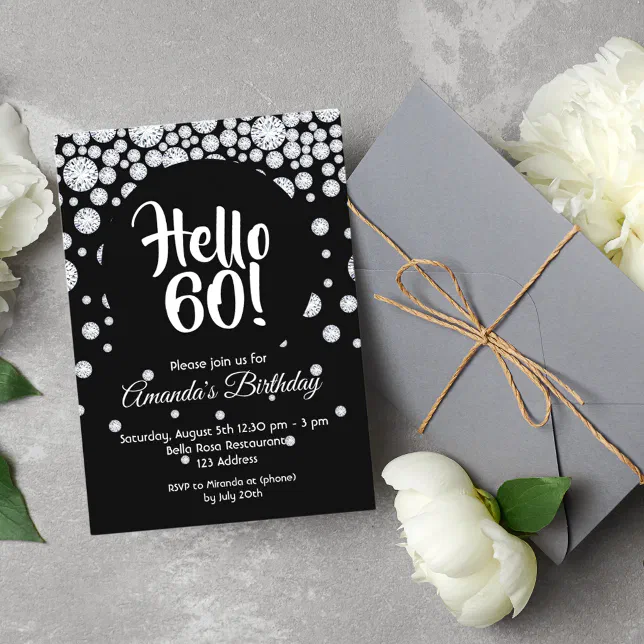 60th birthday party black white diamonds hello 60 invitation | Zazzle