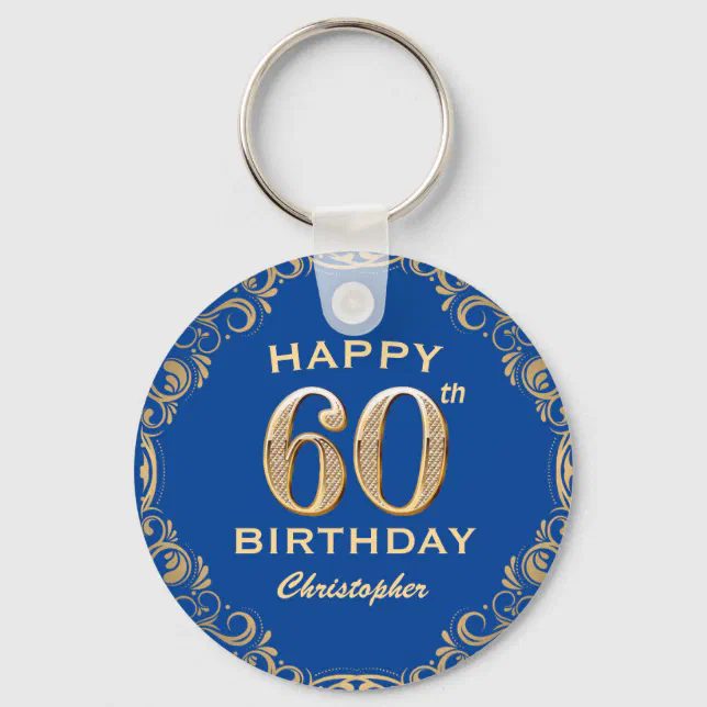 60th Birthday Party Blue and Gold Glitter Frame Keychain | Zazzle