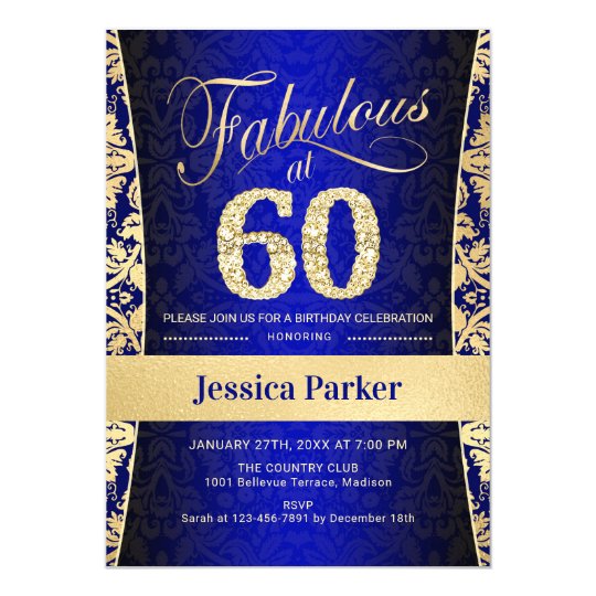 60th Birthday Party Gold Royal Blue Invitation