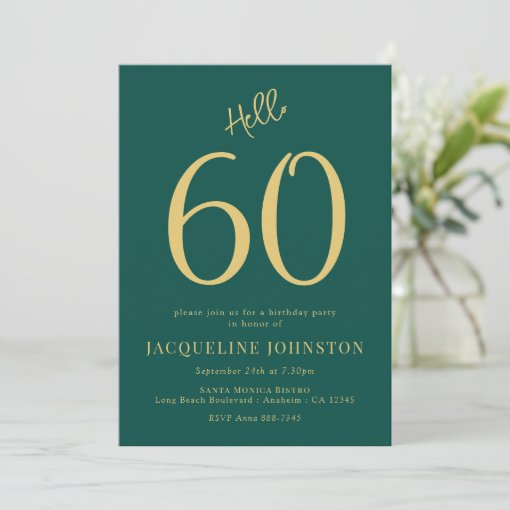 60th Birthday Party Green And Gold Hello 60 Invitation | Zazzle
