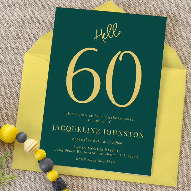 60th Birthday Party Green And Gold Hello 60 Invitation | Zazzle