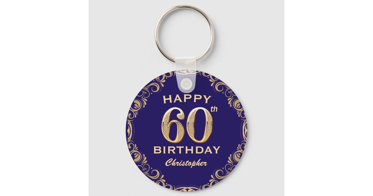 60th Birthday Party Navy Blue and Gold Glitter Keychain | Zazzle
