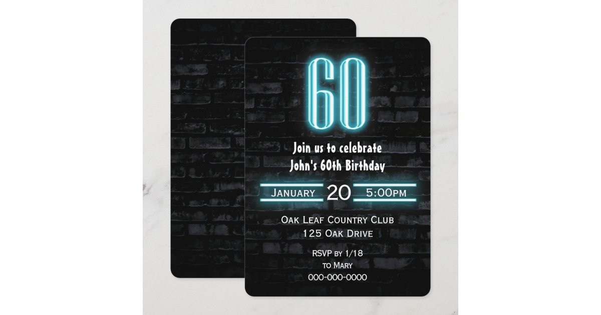 60th Birthday Party Neon Sign on Brick Invitation | Zazzle