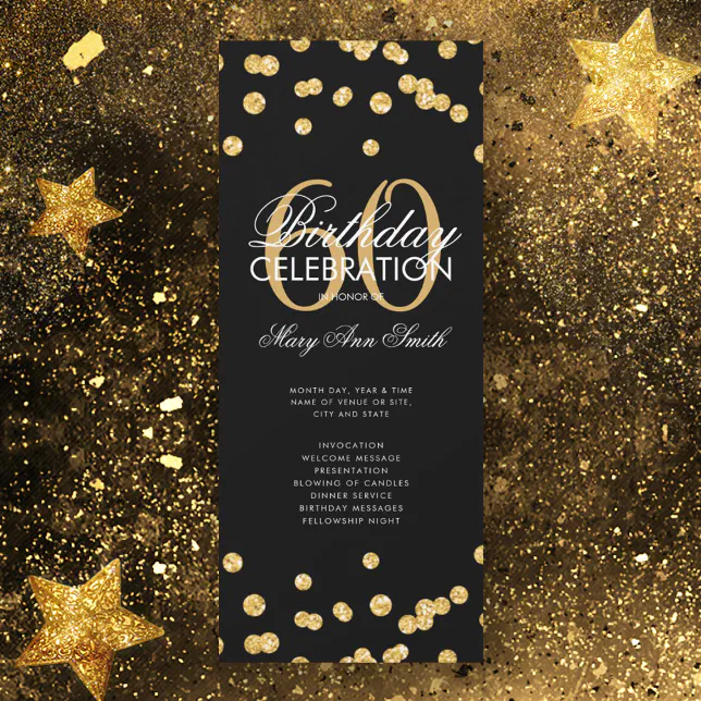 60th Birthday Party Program Gold Glitter w/ Menu | Zazzle
