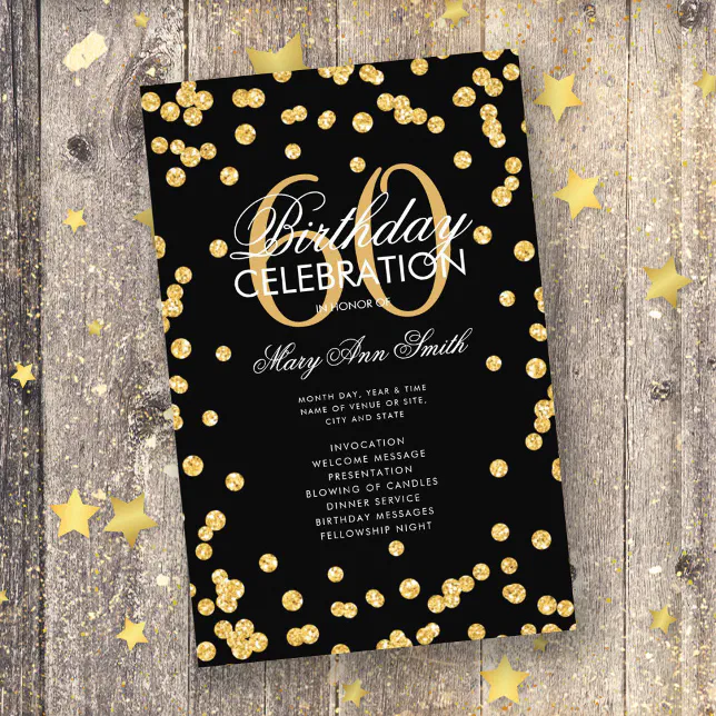 60th Birthday Party Program Gold Glitter w/ Menu Flyer | Zazzle