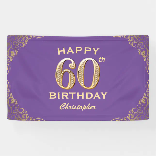 60th Birthday Party Purple and Gold Glitter Frame Banner | Zazzle