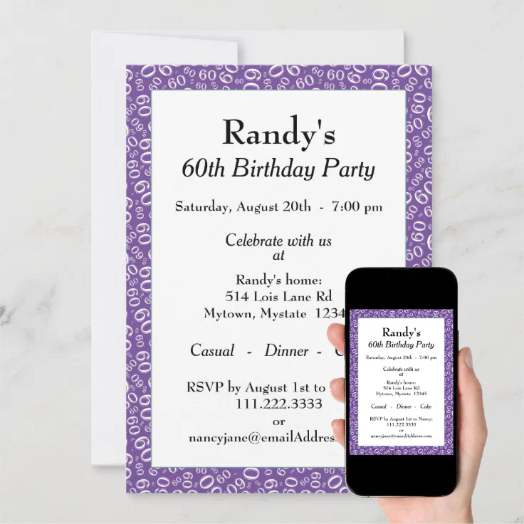 60th Birthday Party Purple/White Number Pattern Invitation | Zazzle