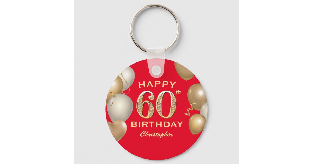 60th Birthday Party Red and Gold Balloons Keychain | Zazzle
