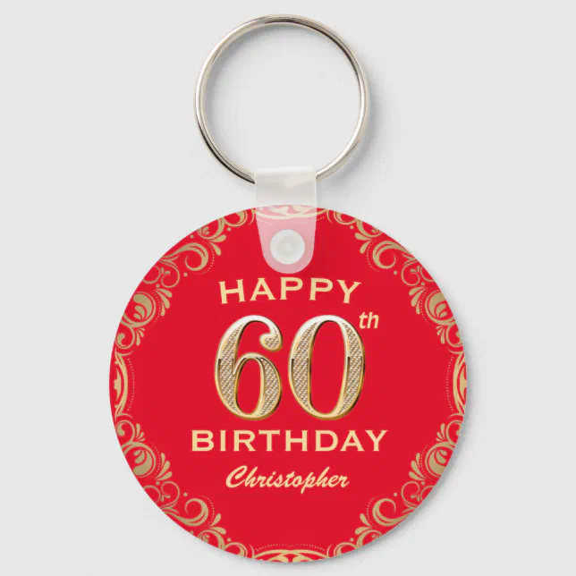 60th Birthday Party Red and Gold Glitter Frame Keychain | Zazzle