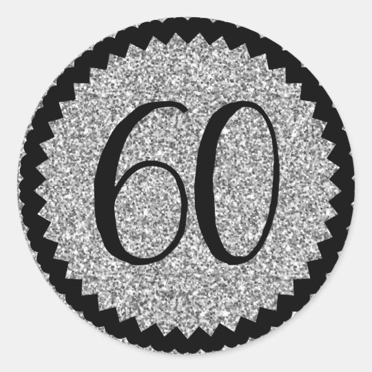 60th Birthday Party Silver Glitter Classic Classic Round Sticker ...